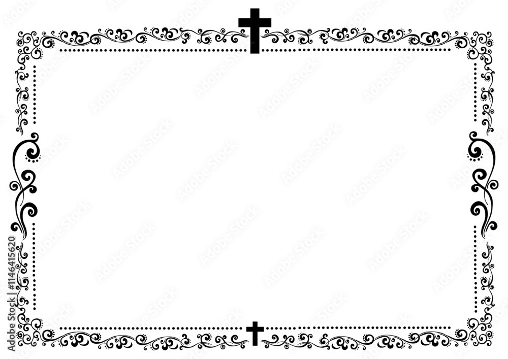 Obituary memorial lettering and floral ornament with cross isolated ...