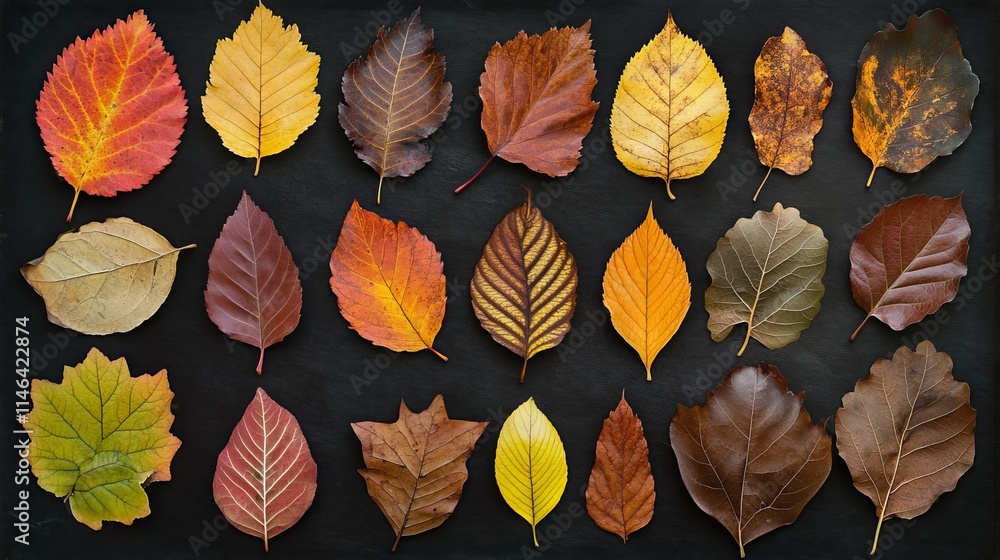 51.A vibrant set of various autumn leaves in warm colors such as burnt ...