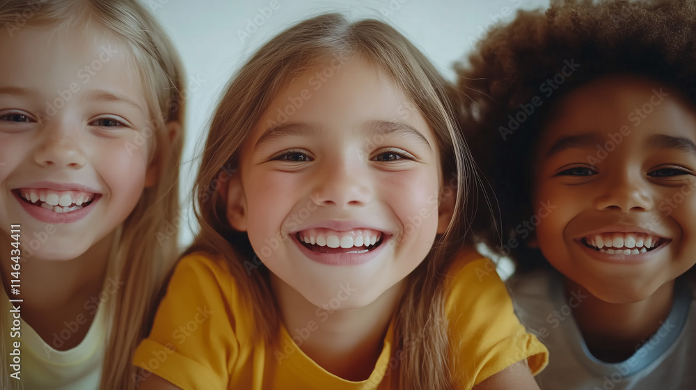 Smiling children during an interactive distance learning video call ...