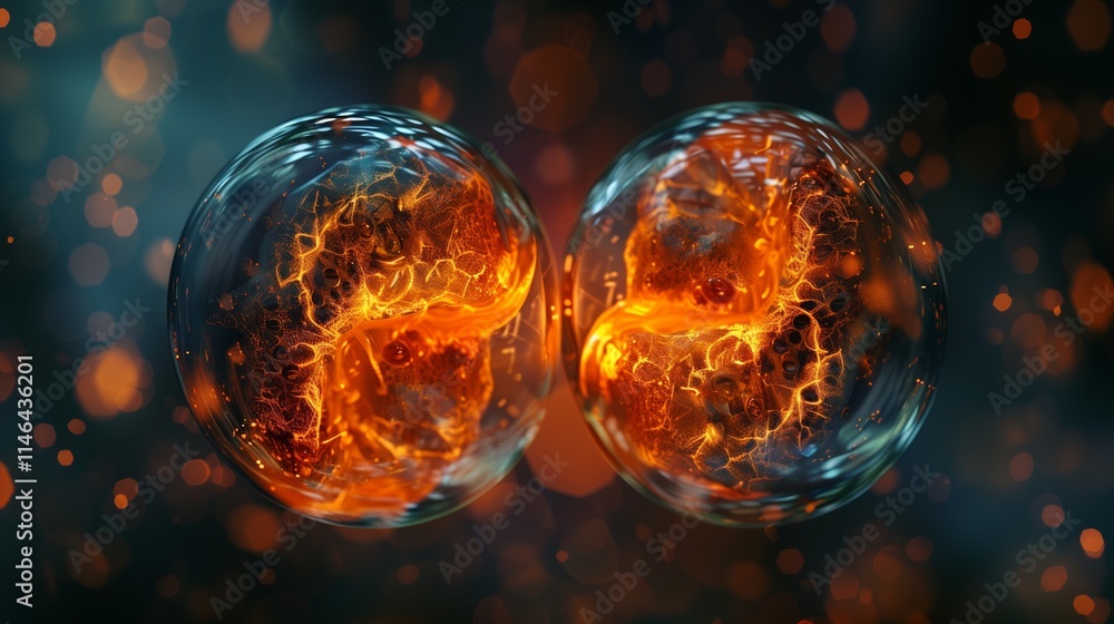 Luminous twin object resembling embryo depicted in high-tech style ...