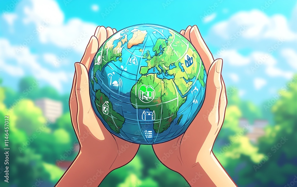 Green technology and environmental innovation, with hands holding a ...