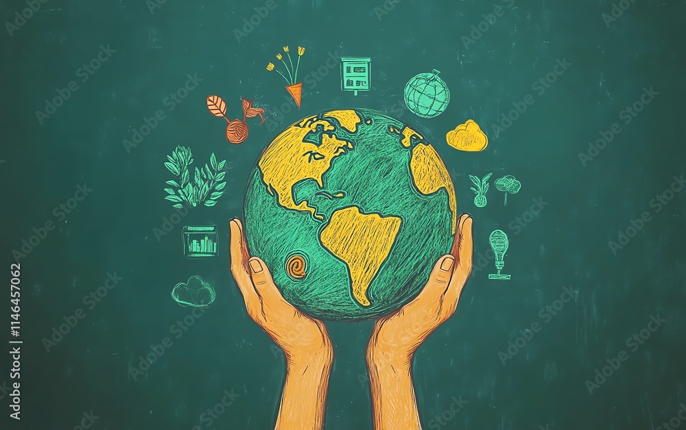 Ilustración de Stock Green technology and environmental innovation, with hands holding a globe ...
