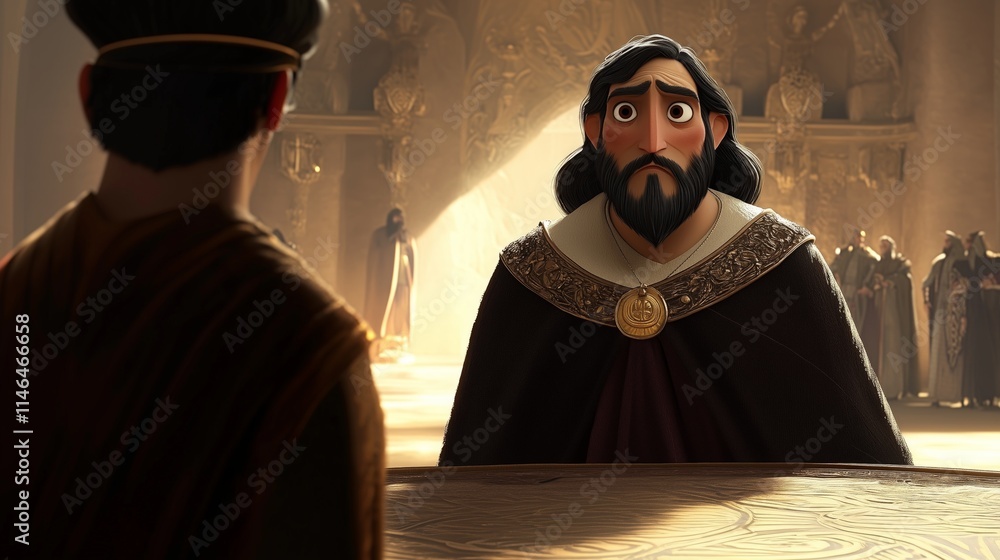 Haman's Plot A dark, tense scene where the villainous Haman, dressed in ...