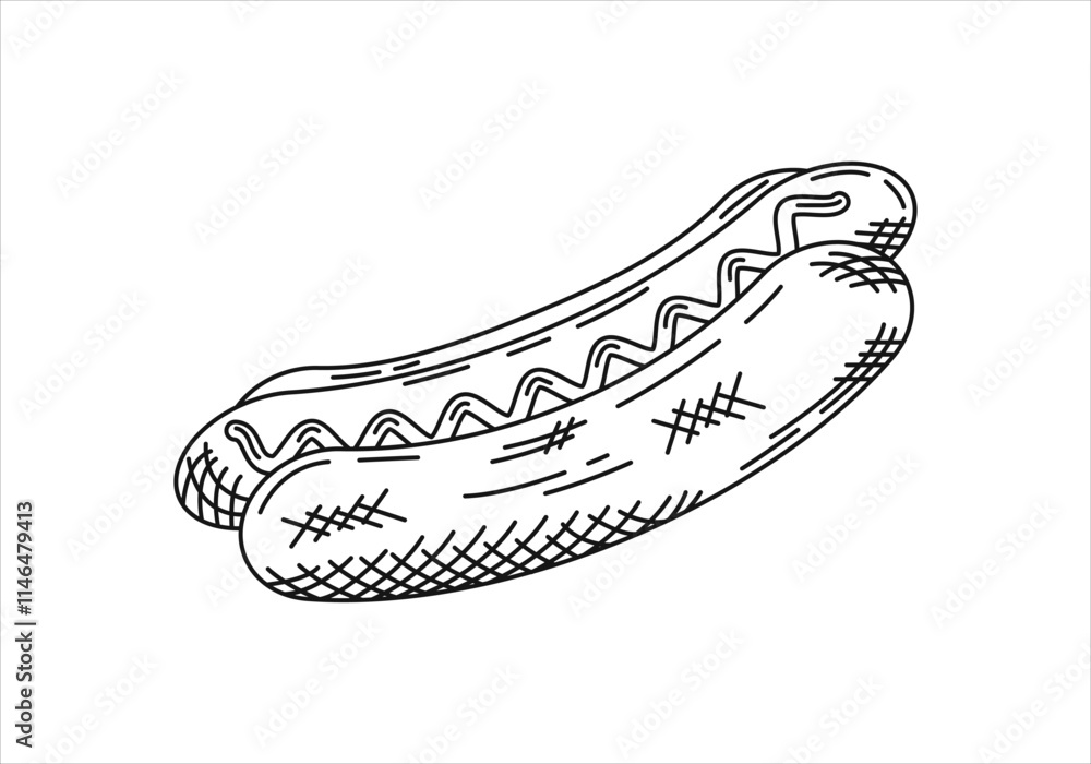 Hot dog doodle. Hot dog sketch line art. Hot dog sausage drawing vector ...
