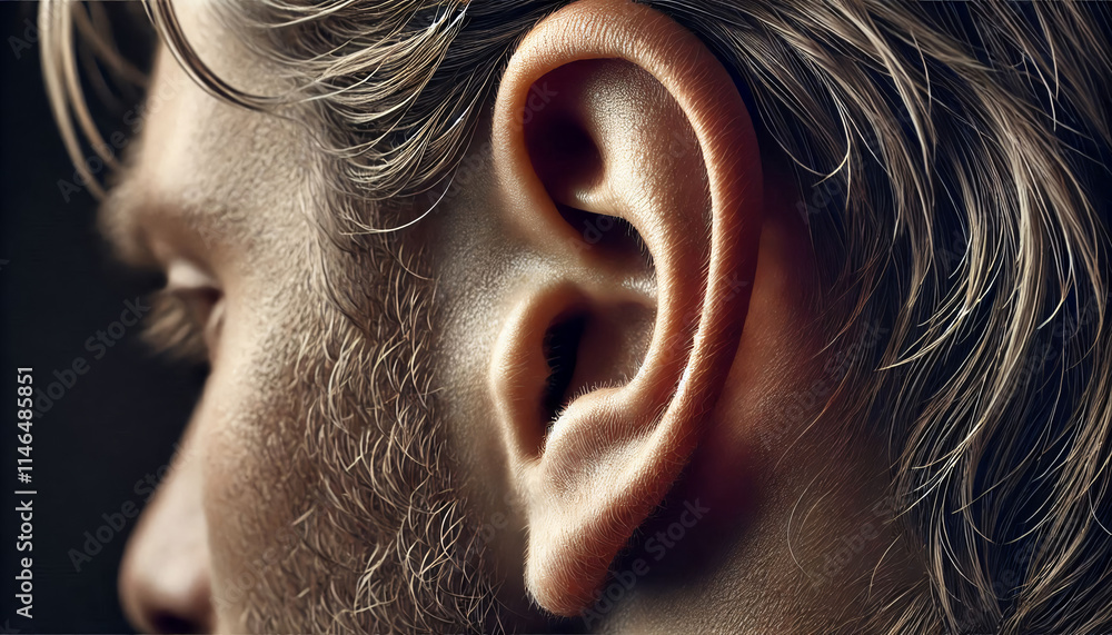 Close-up of a human ear showing the detailed curves, folds, and natural ...