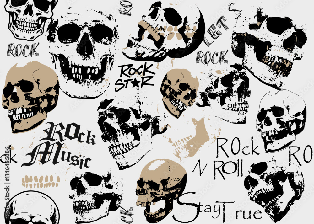 skulls in retro rock and roll seamless pattern, skulls in retro style ...