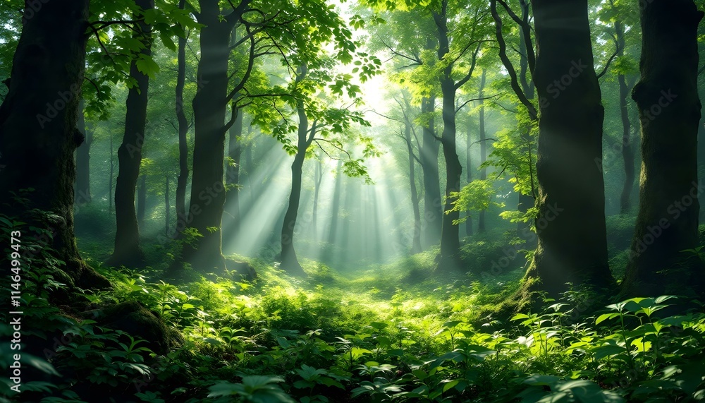 Ethereal Morning Sunlight Streaming Through Dense Forest Canopy with ...