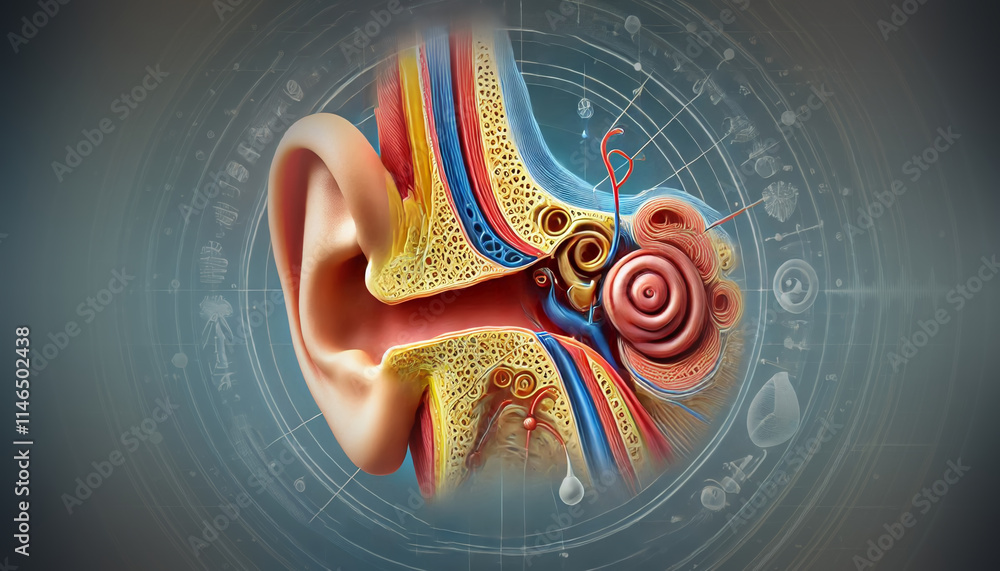 3D medical illustration of the human ear anatomy displaying outer ear ...