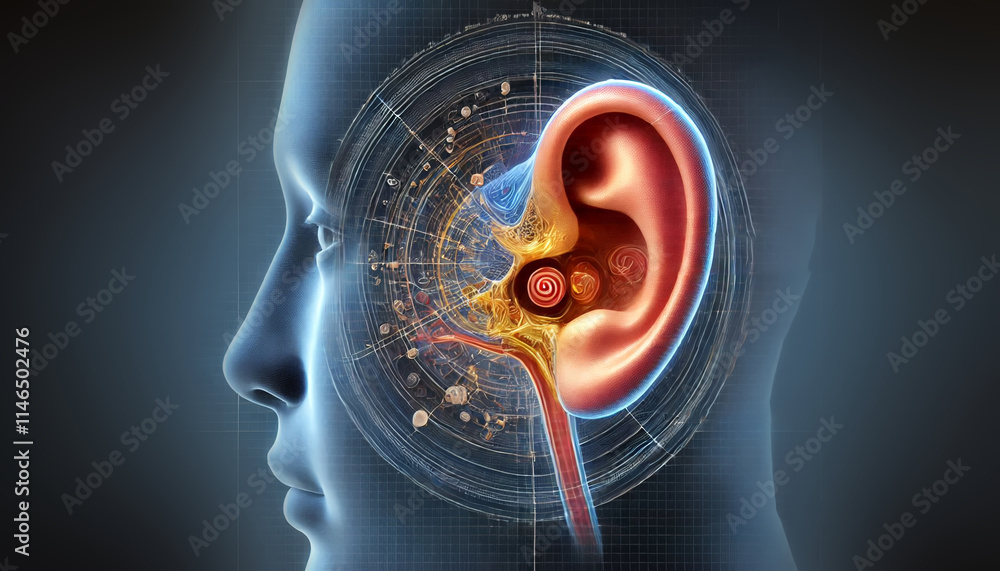 3D medical illustration of the human ear anatomy displaying outer ear ...