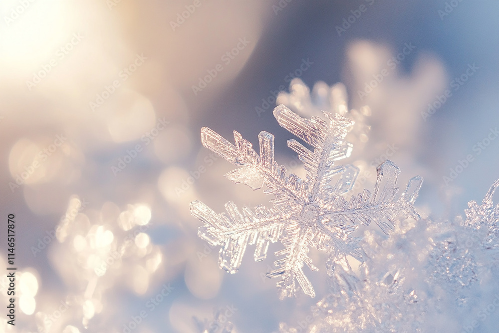 Snowflakes view on window with blurry snowy background winter concept ...