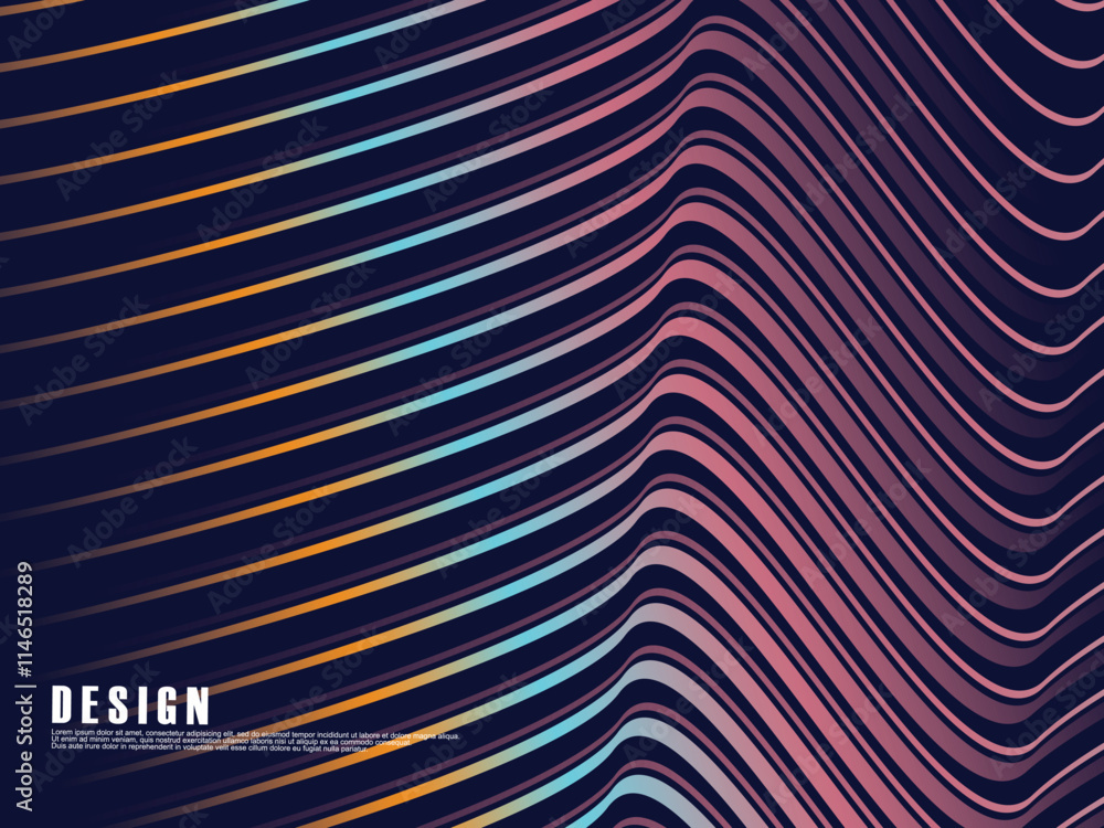 Dark blue background with colorful gradient wavy lines. Minimal layout ...
