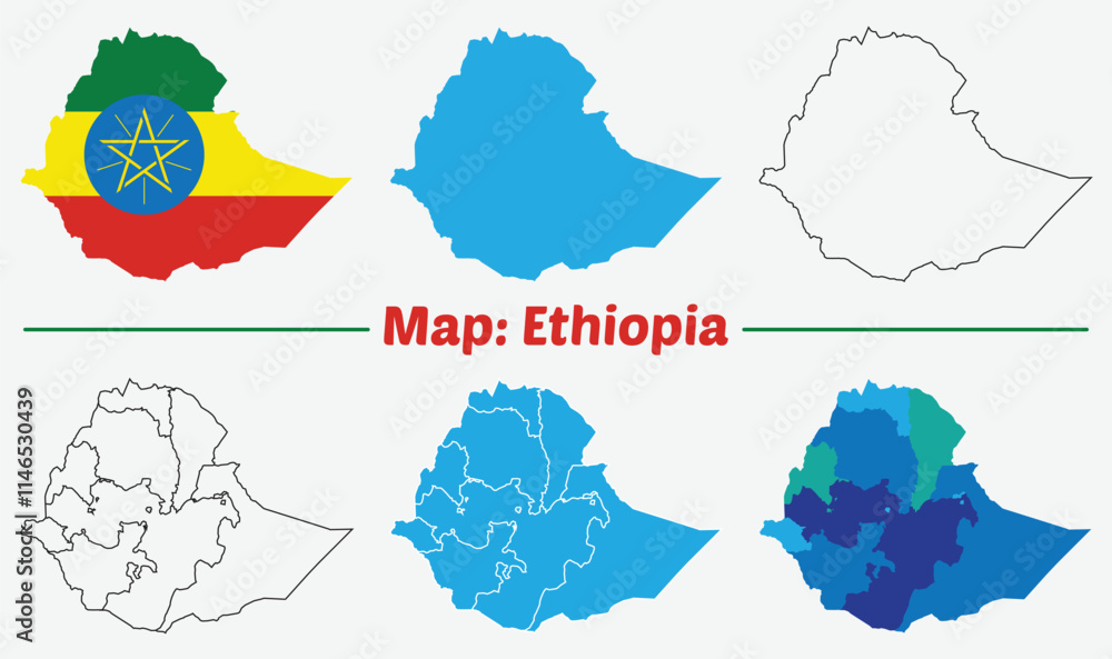 Ethiopia map set. Flat map of Ethiopia with flag shape, blue color with ...
