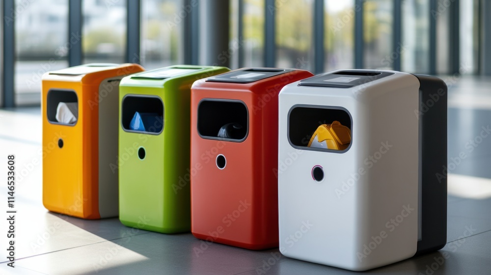 A group of recycling bins with bright color codes and labeled waste ...