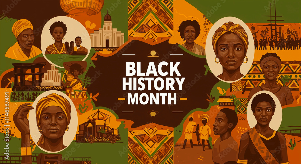 Black history month, banner and african people with portraits, heritage ...