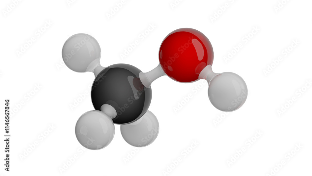 Molecule of Methanol. Molecular formula: CH4O. Chemical model: Ball and Stick. Isolated ...