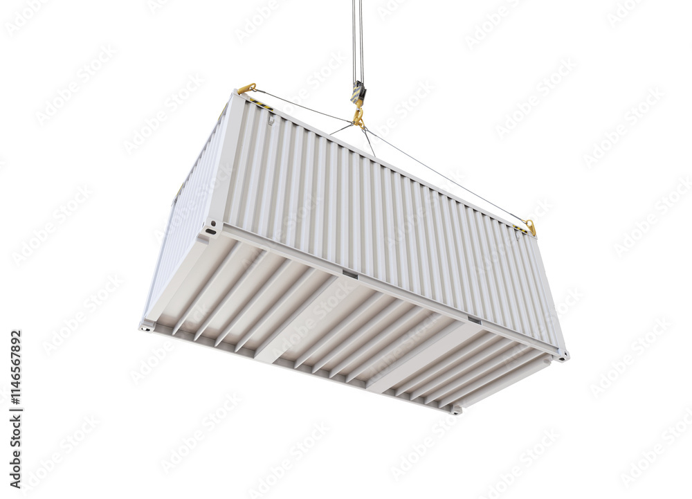 Bottom view of a white cargo container being hoisted by hooks, isolated ...