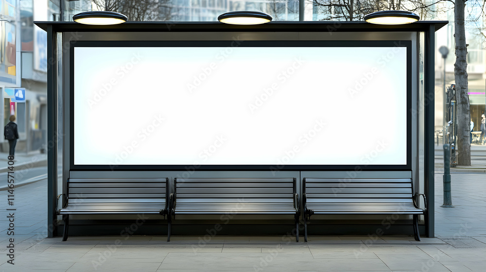 Blank Billboard Advertisement at a City Bus Stop with Benches Stock ...