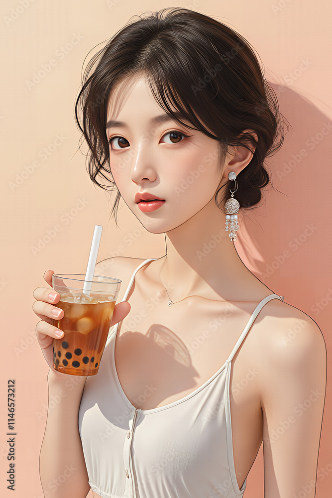 Create an illustration of beautiful Japanese teenage girl, She is holding a cup of Taiwanese ...