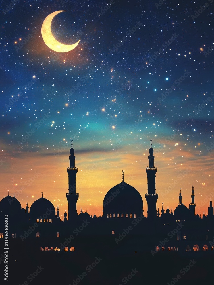 Greeting Miraj Musque Dome Night Building with Sky Moon Sunset ...