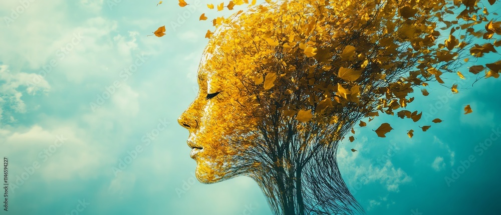 Emptiness and renewal symbol, tree and leaves shaped as a human head ...