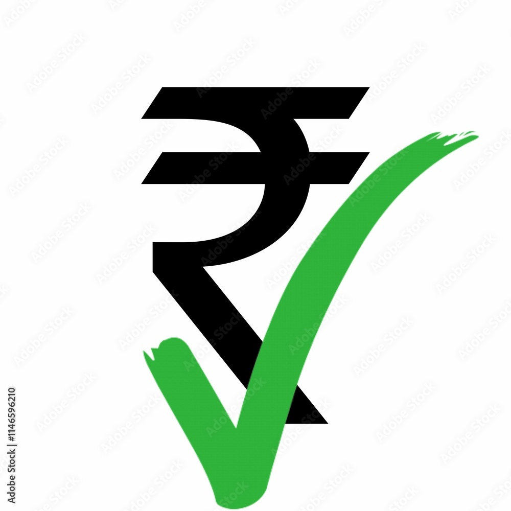 Indian rupee currency symbol with green right tick mark. Black sign of ...