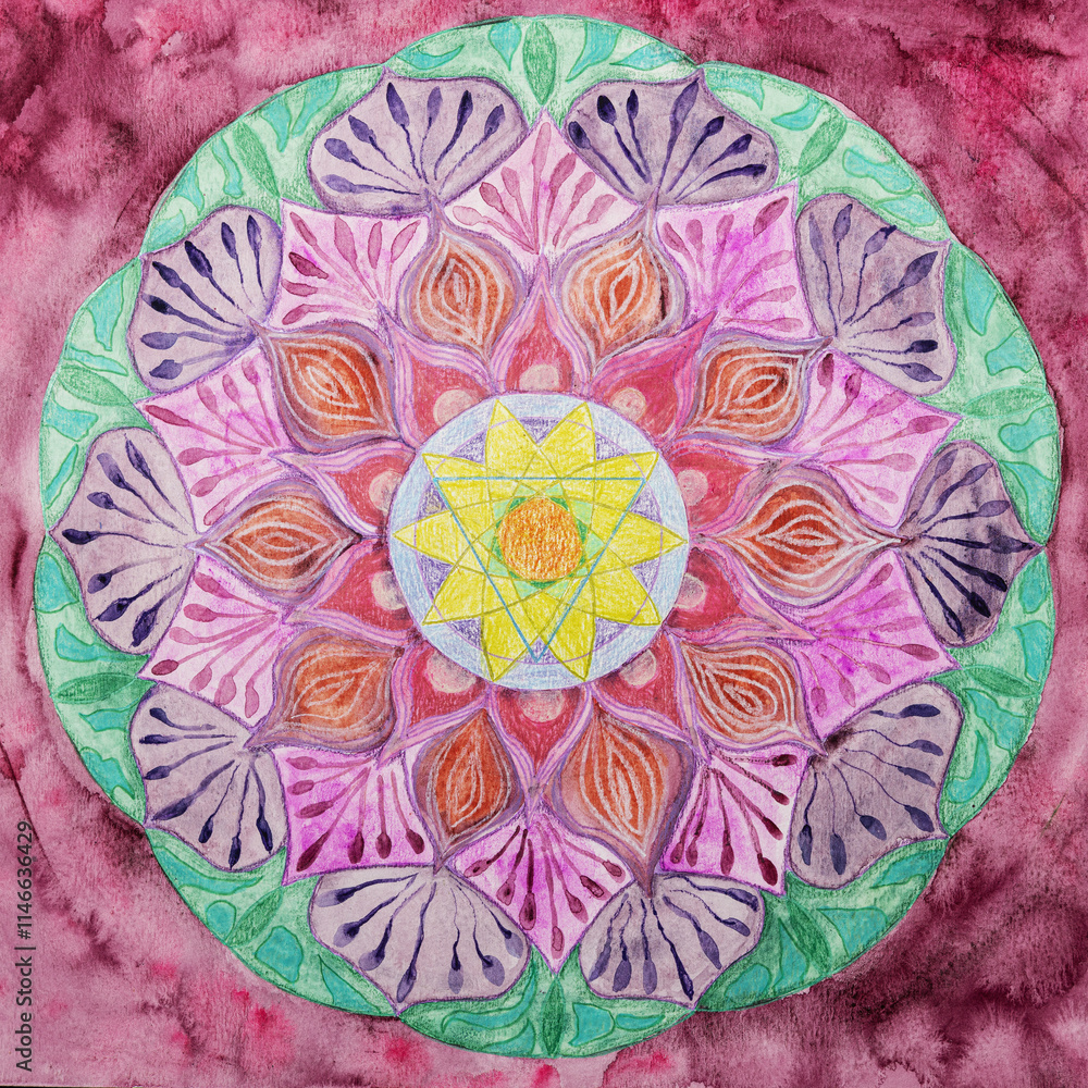 Root chakra mandala, red painting. The dabbing technique near the edges ...