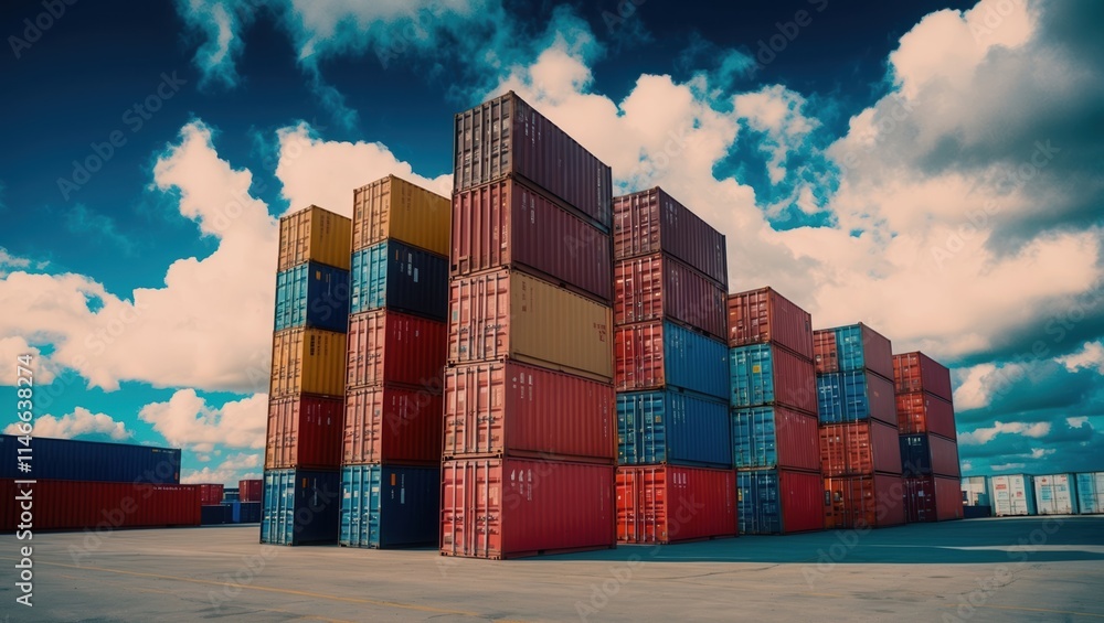 Colorful shipping containers stacked in an open cargo yard under a ...