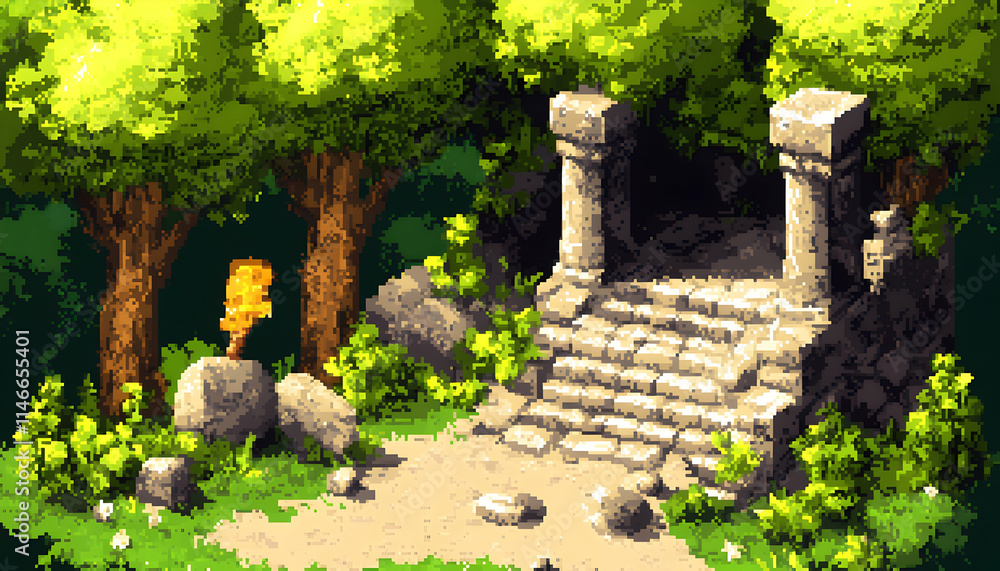 Stone entrance with torch near forest. Dense trees in background, for ...