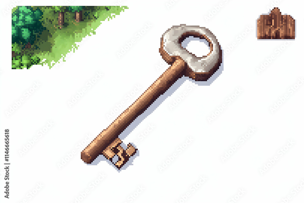 Pixel art of a key, with a forest and building background, for game ...