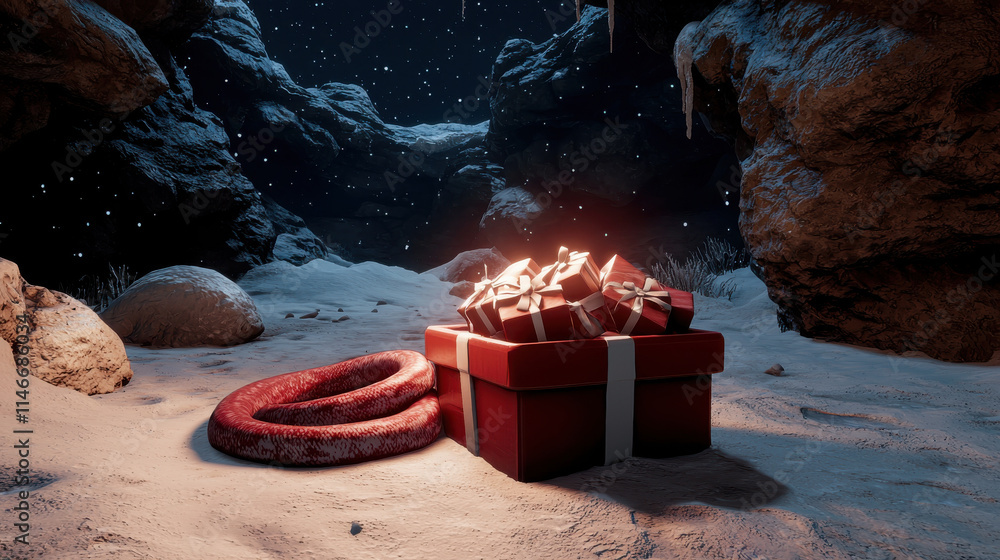 eel santa concept. glowing gift box surrounded by snow and coiled red ...