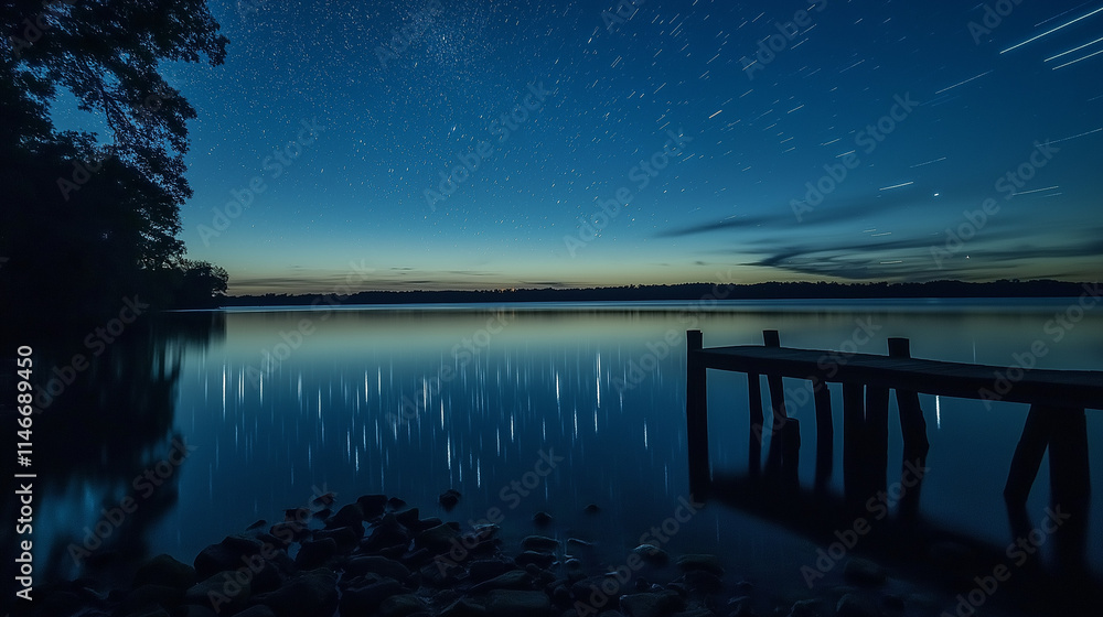 A mesmerizing long-exposure shot of star streaks reflected in a calm ...