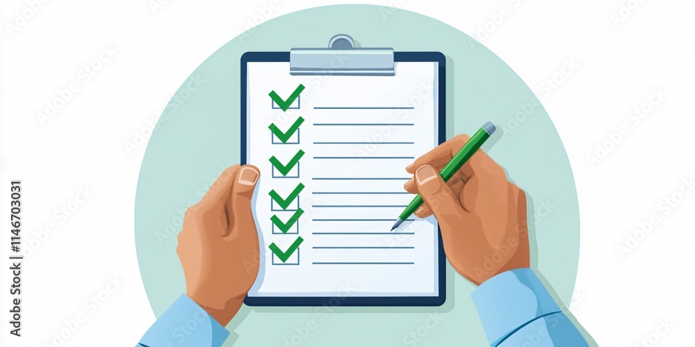 Checklist and decision making. A person completes a checklist on a ...
