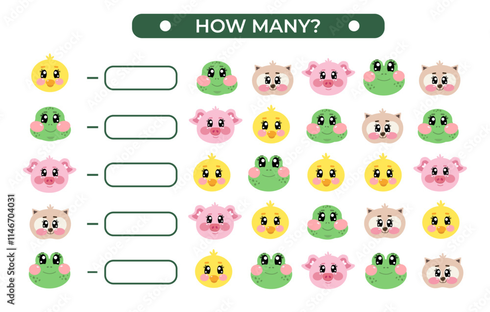 Math kids activity sheet. Count how many cute head animals. Vector ...