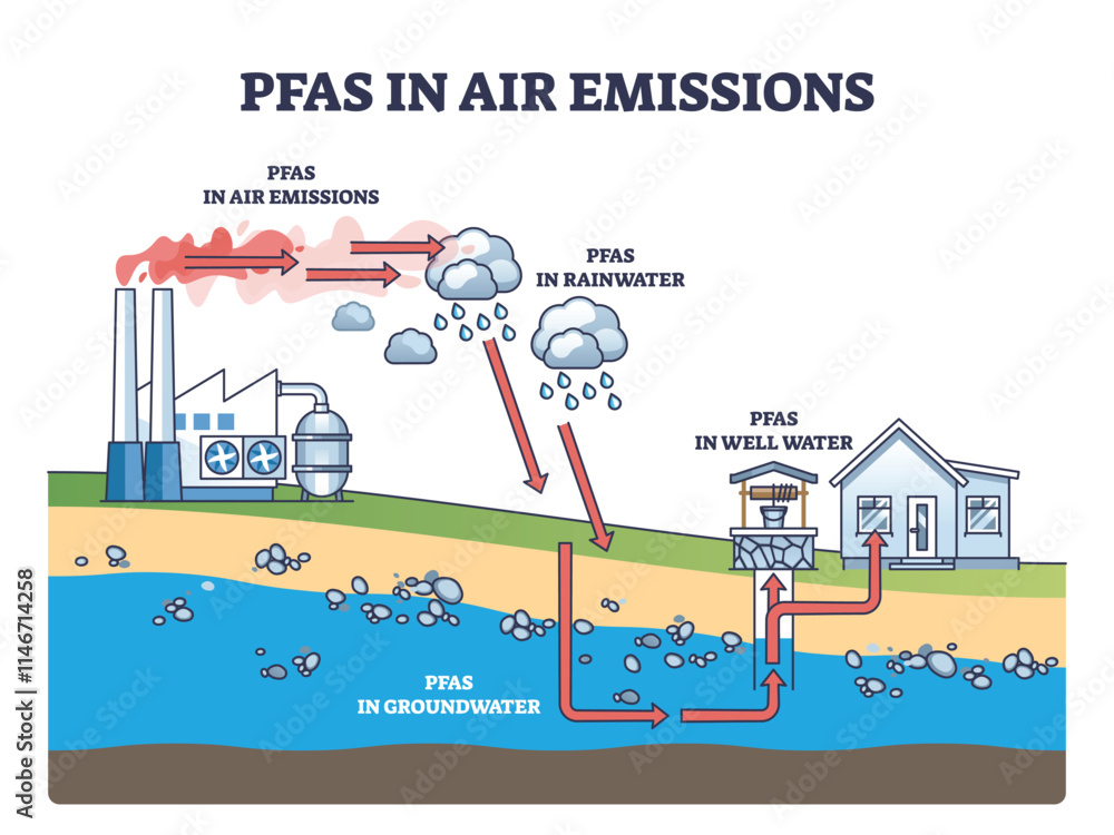 PFAS emissions diagram shows pollution from factories to air, rainwater ...