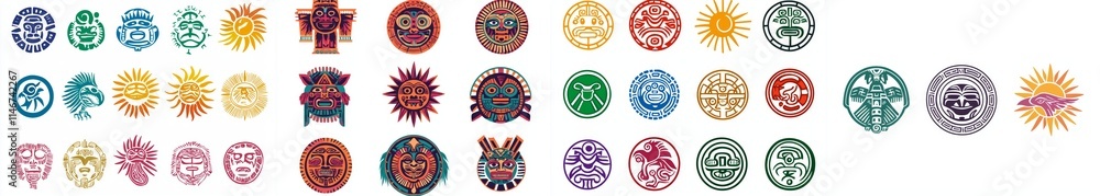 Aztec and Aztec totems, modern animal and bird symbols, and sun and god ...