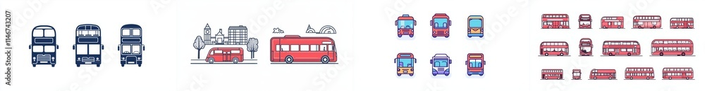 Icons depicting city, travel, and school buses. Contemporary symbols in ...