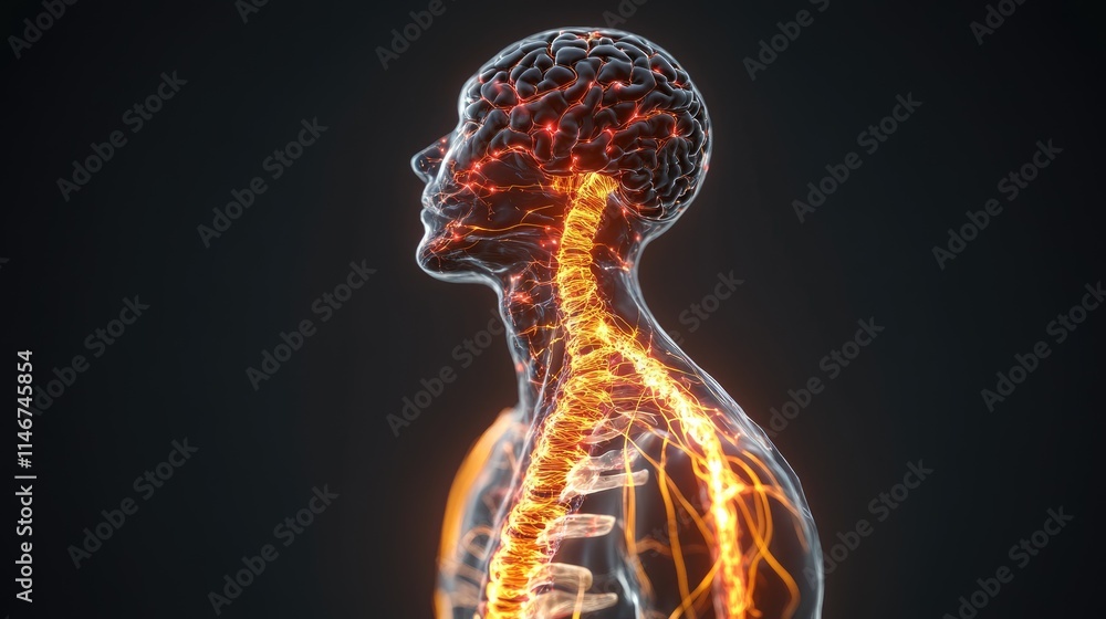 Nervous system, brain and spinal cord highlighted, intricate neuron ...