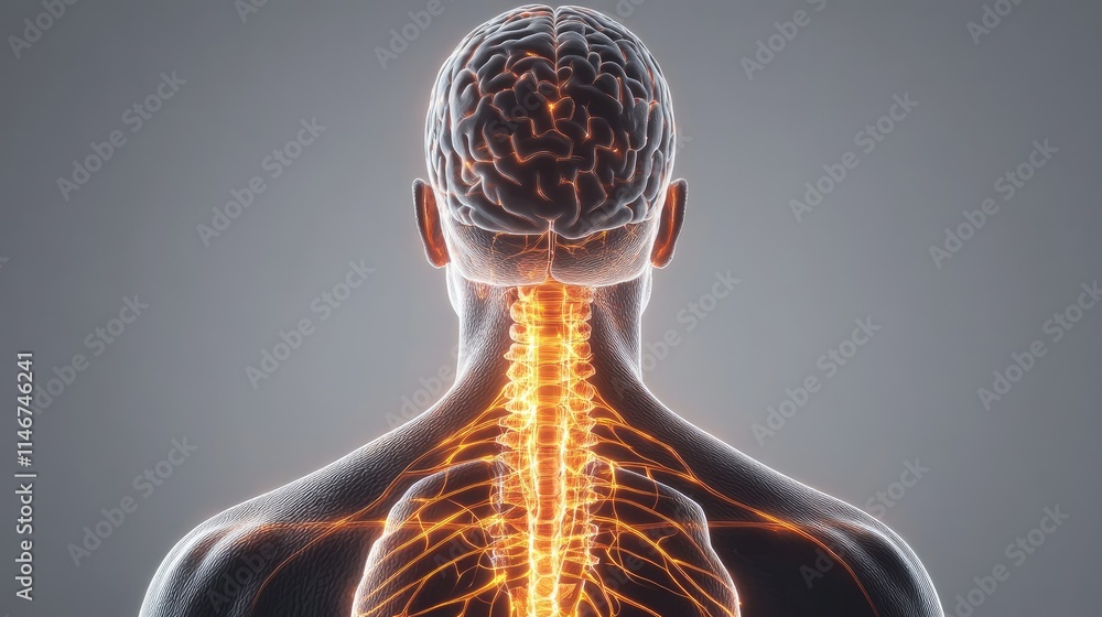 Nervous system, brain and spinal cord highlighted, intricate neuron ...