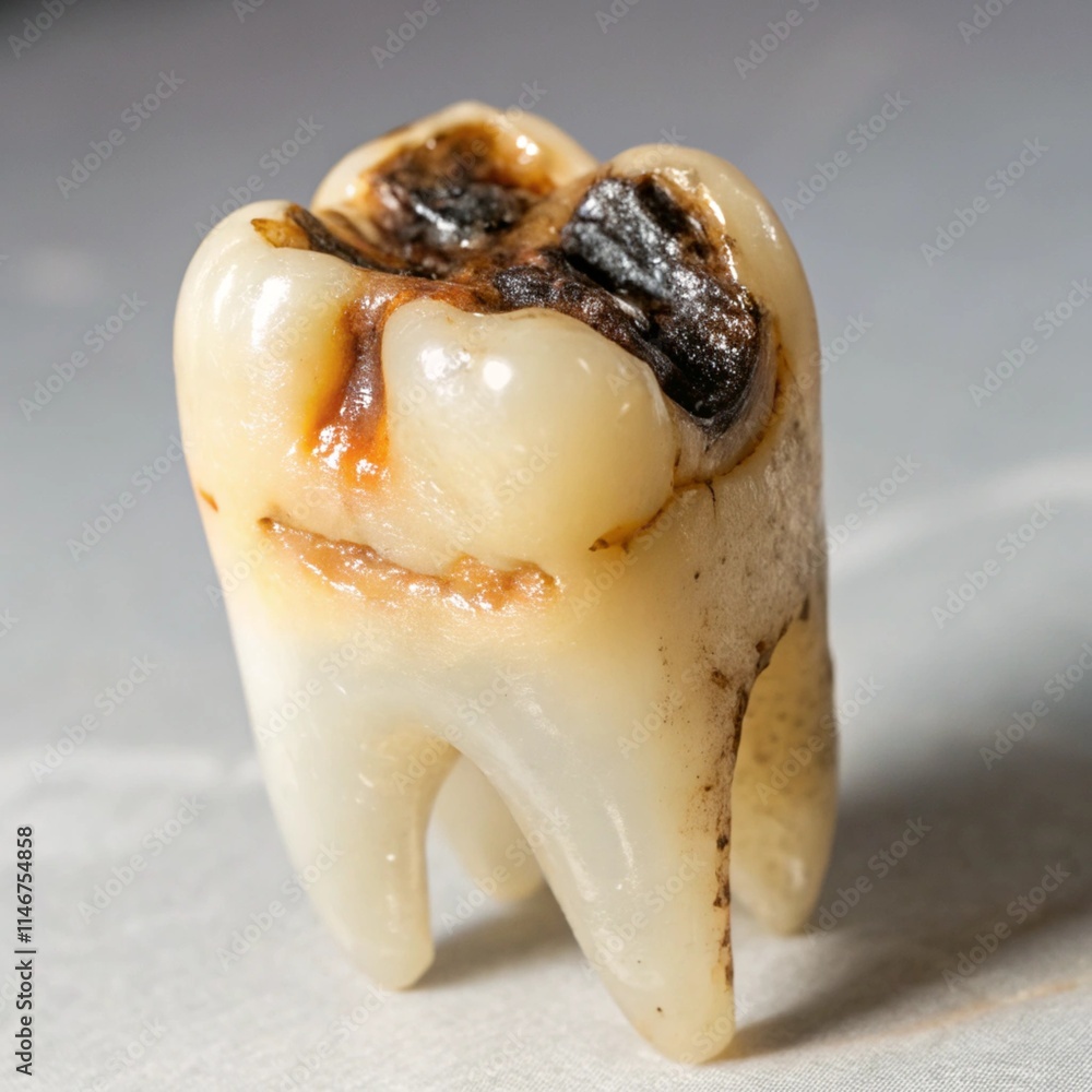 A macro view of a molar tooth with visible brown and black cavities on ...