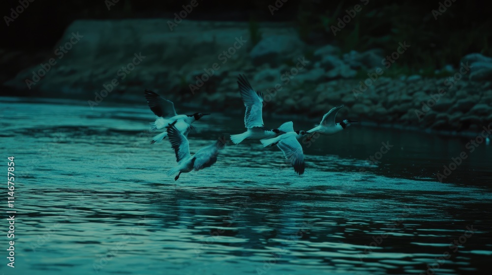 Birds flying in formation over a lake, reflecting the harmony of ...