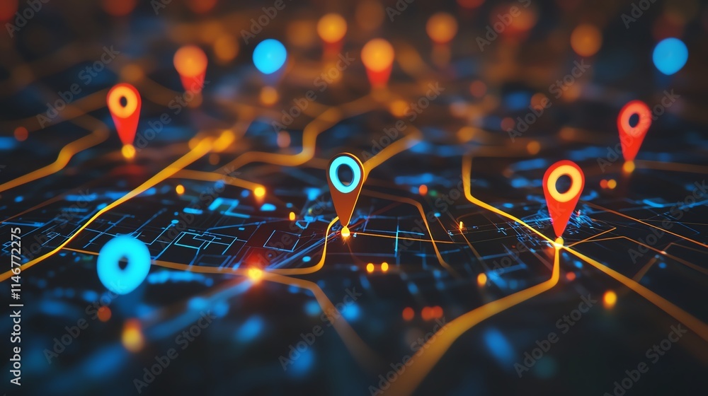 Colorful location pins on a digital map with glow effects and winding ...