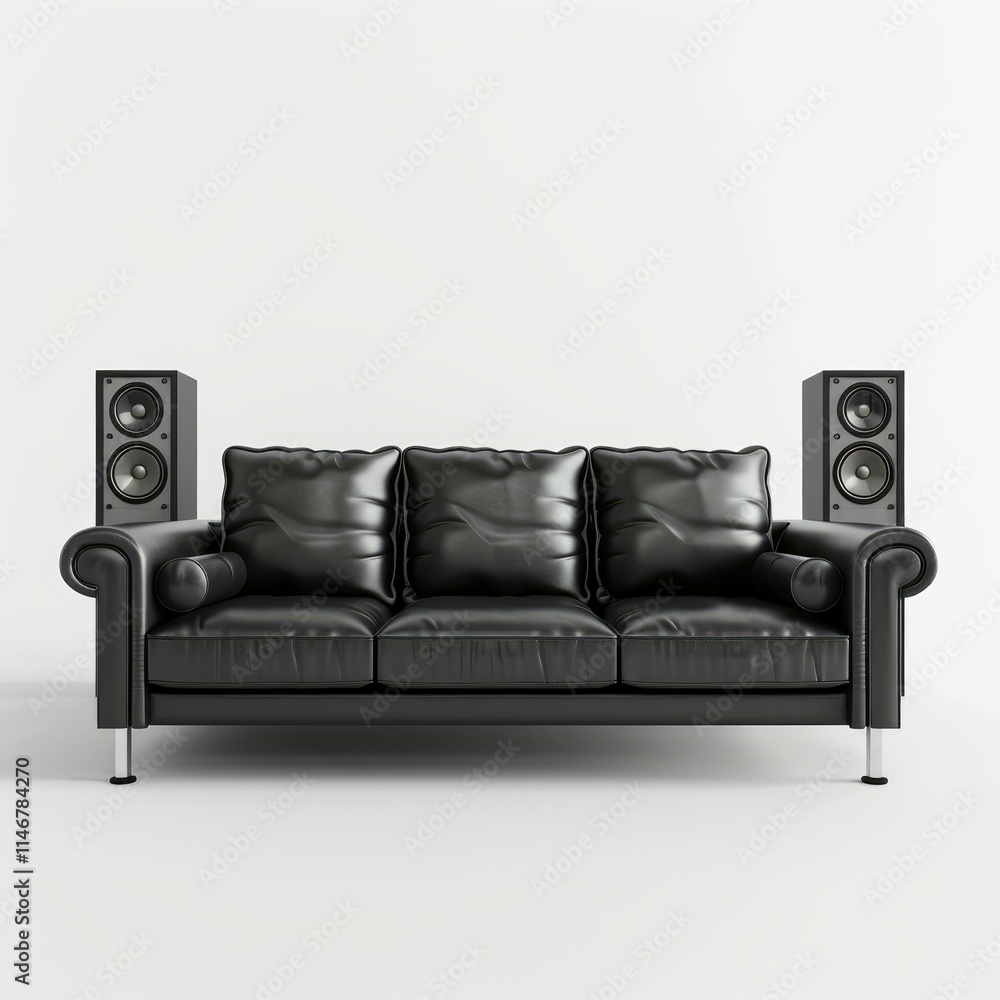 Black leather sofa with two audio speakers placed on each side ...
