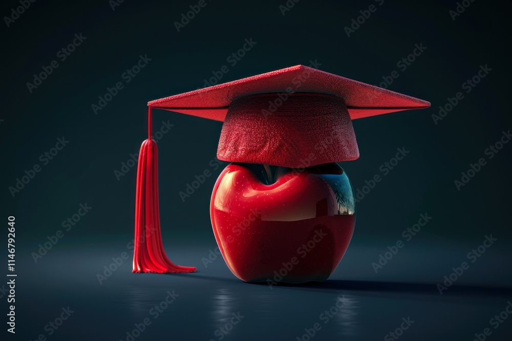 Bright red apple wearing graduation cap symbolizes education and ...