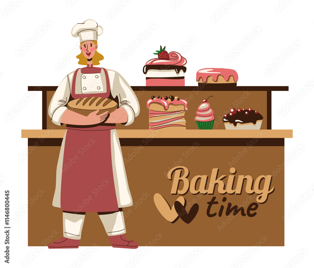 Baker woman hold bread in bakery shop. Different delicious cakes, cupcake and muffins ...