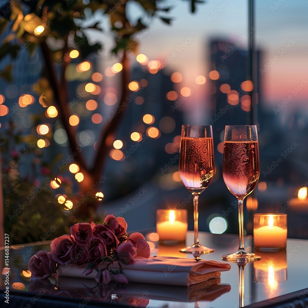 Romantic dinner setup including wine glasses and candles on a rooftop ...