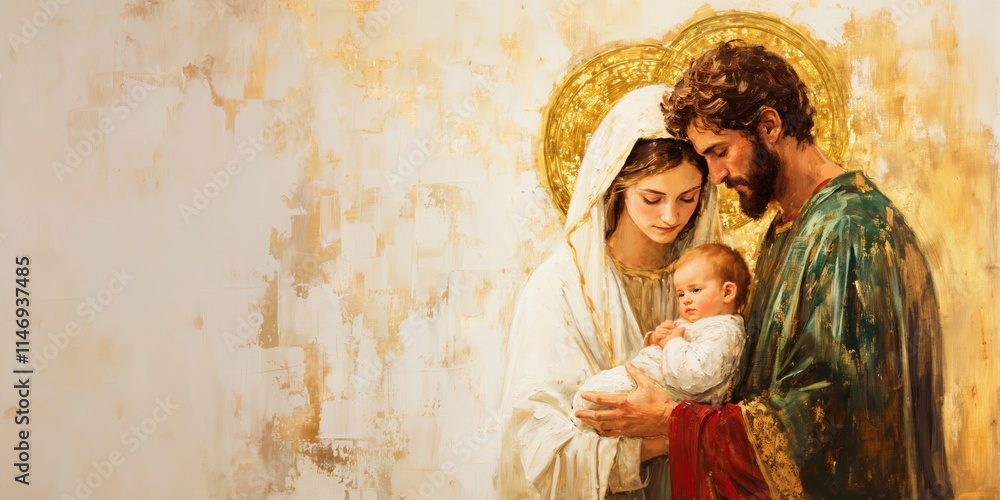 Holy family with golden halos painting with copy space. Virgin Mary and ...