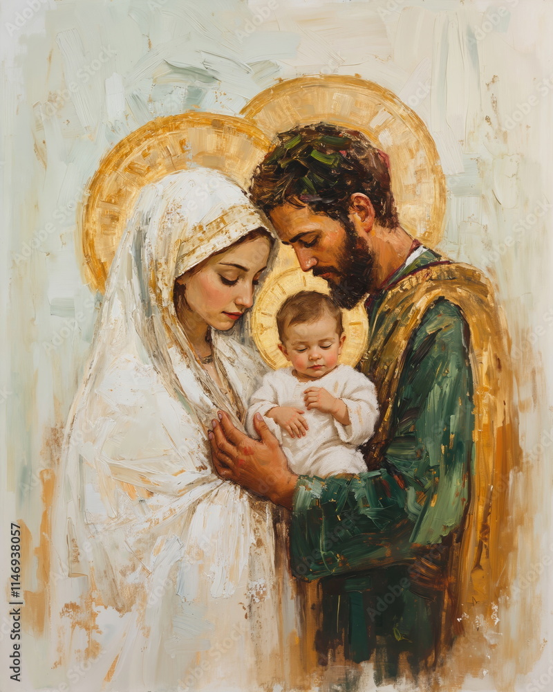 Virgin Mary and Saint Joseph holding baby Jesus Christ. Classic oil ...