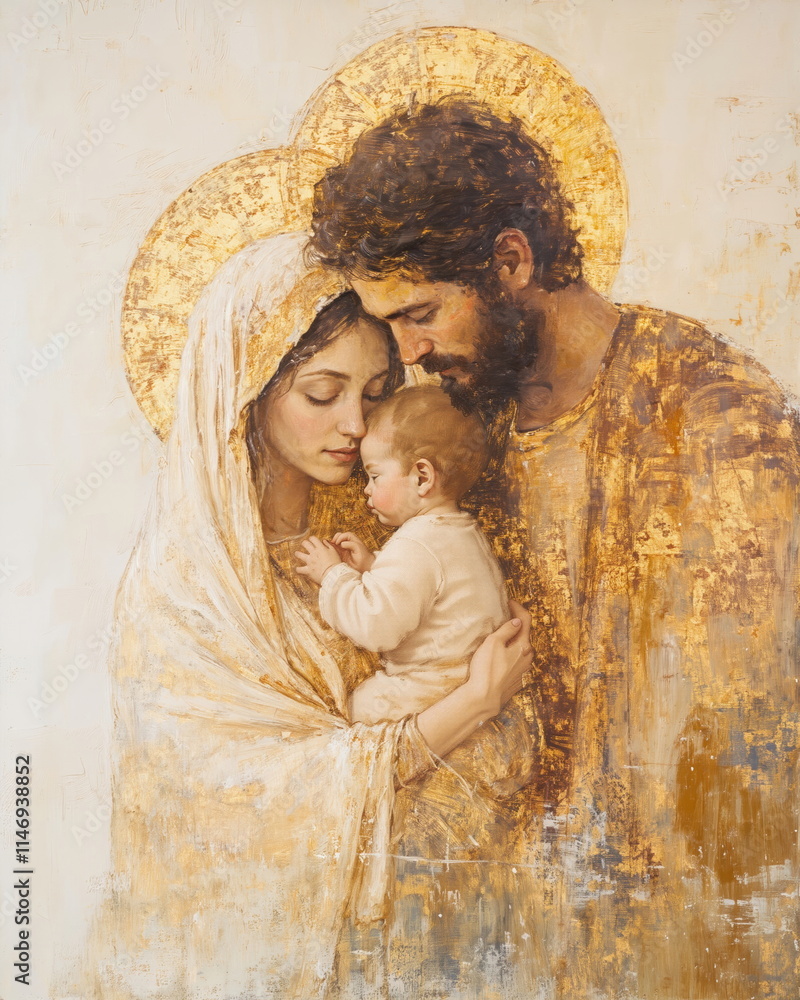 Virgin Mary and Saint Joseph holding baby Jesus Christ. Oil painting of ...
