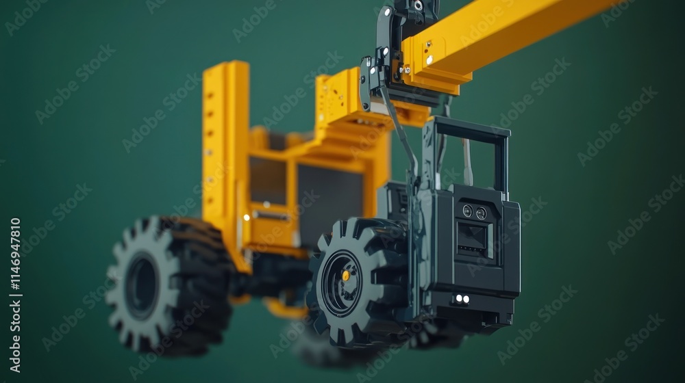 Yellow robotic vehicle with a dark gray claw-like attachment on a green ...