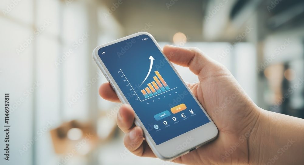Hand holding smartphone displaying growing bar chart overlayed with ...